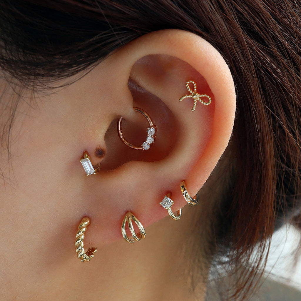 Triple Row Clicker Huggie Hoop Solid 14K Gold | Musemond