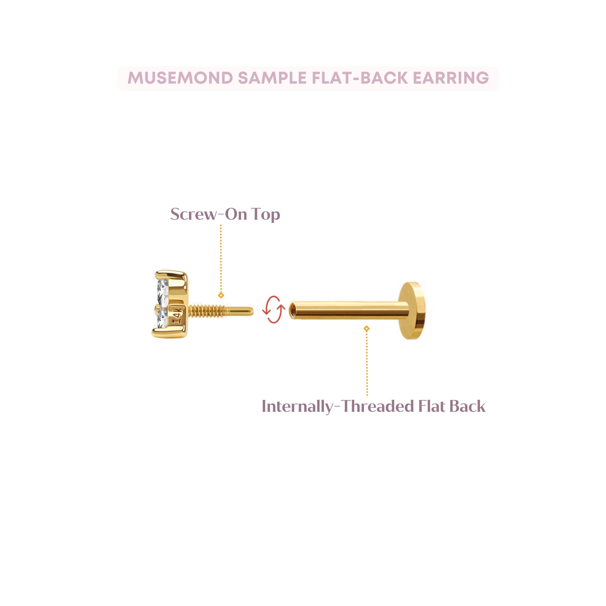 Baguette Threaded Flat Back Earring 14K Gold | Musemond