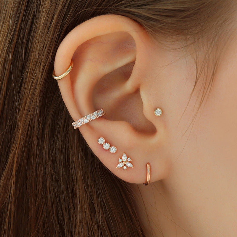 Triple Bezel Stud Ear Piercing 14K Gold | Musemond