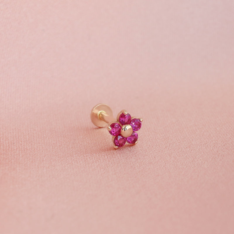 Ruby Flower Flat Back Earring 14K Gold | Tragus Labret Piercing | Musemond